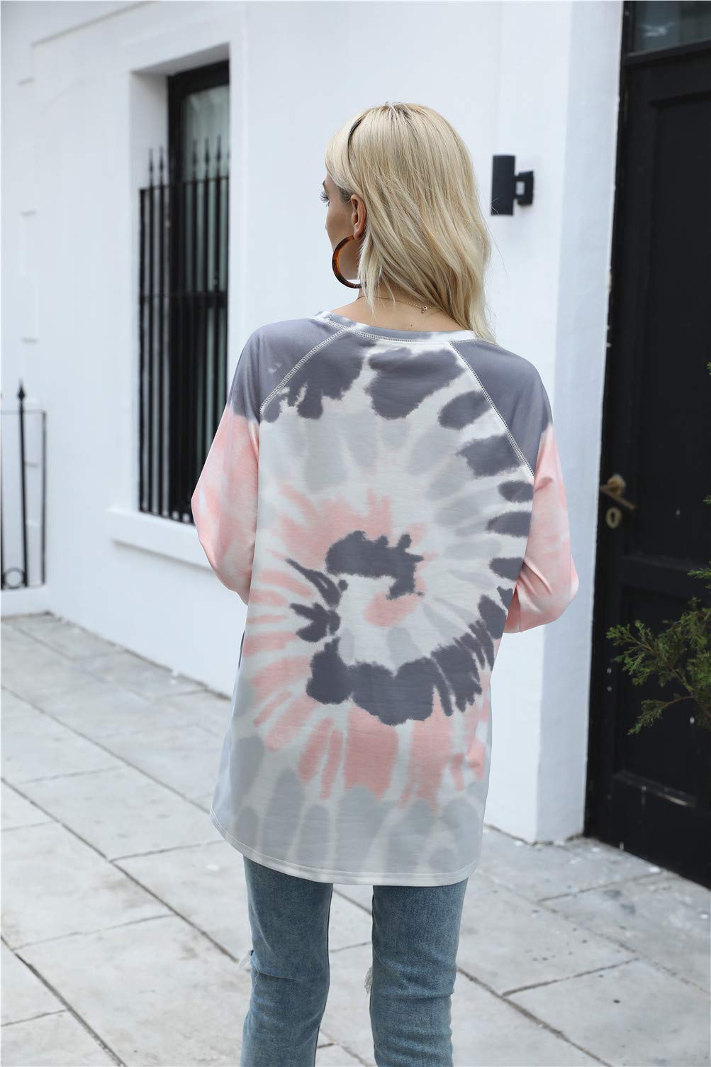 Famulily Women Tie Dye Long Sleeve Tshirt Crewneck T Shirts Long Sleeve Tops Summer Clothing(Grey,M)