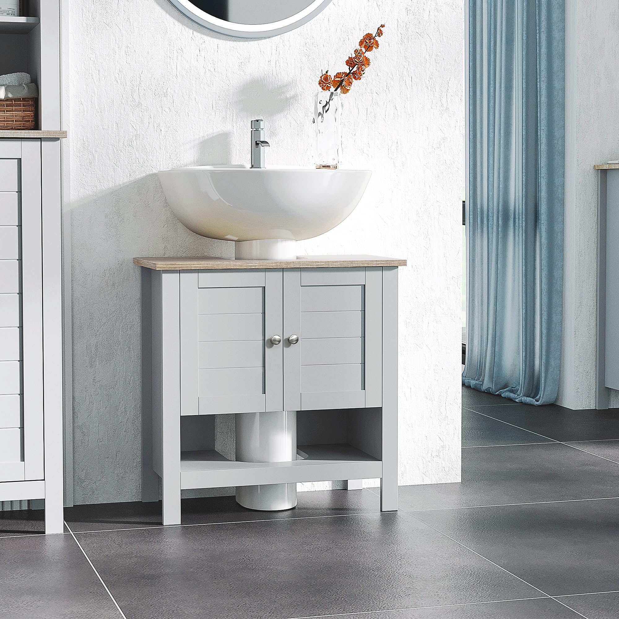 kleankin Pedestal Sink Storage Cabinet, Under Sink Cabinet, Bathroom Vanity Cabinet with Adjustable Shelf and Open Bottom Shelf, Gray