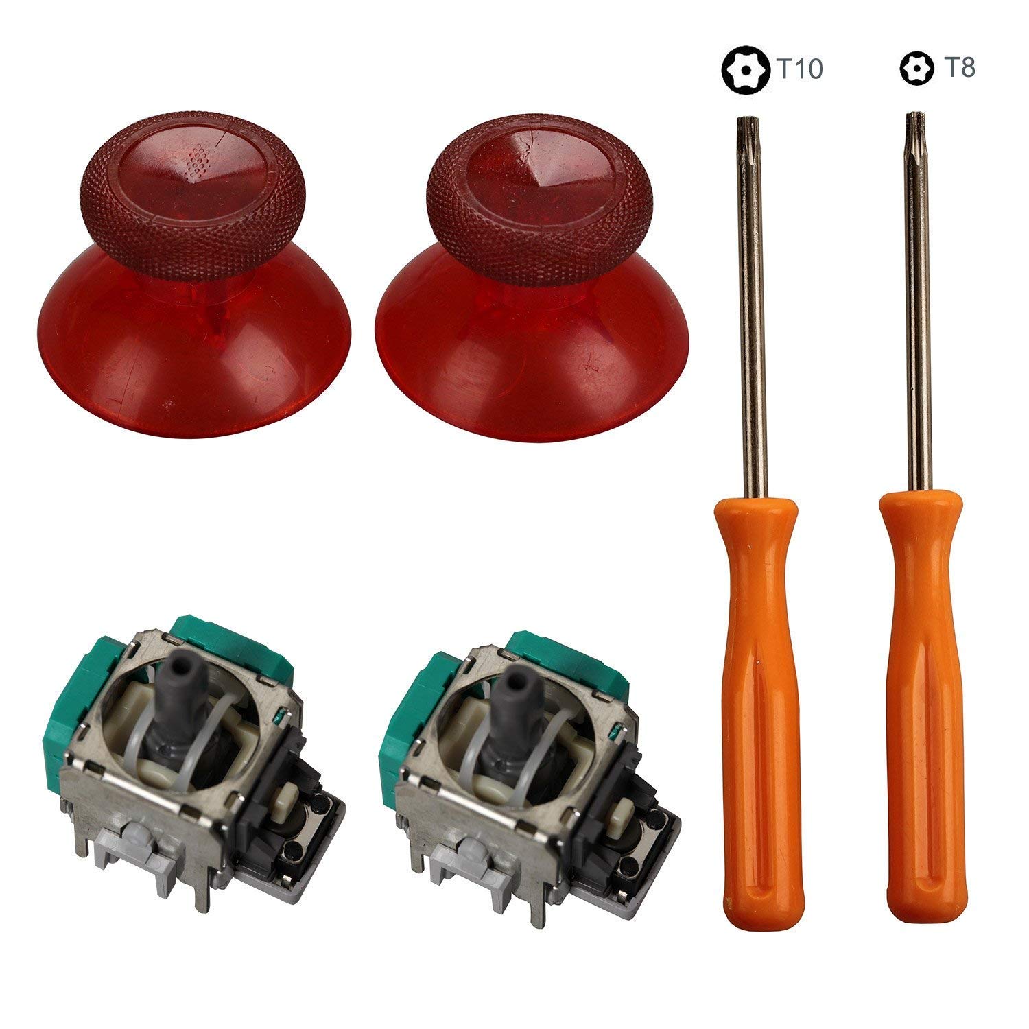 eJiasu Controller Thumbsticks Grips, 2 Piece 3D Joystick Wireless Controller Rocker+ T8/T10 Screwdrivers Tool+ 2 Pieces Thumbsticks Replacement Parts for Xbox One Controller(One Set Red)