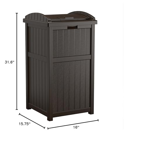 Suncast 33 Gallon Durable Plastic Hideaway Outdoor Garbage Can with Secure Lid and Wicker Design for Home Backyards, Decks, or Patios, Java Brown