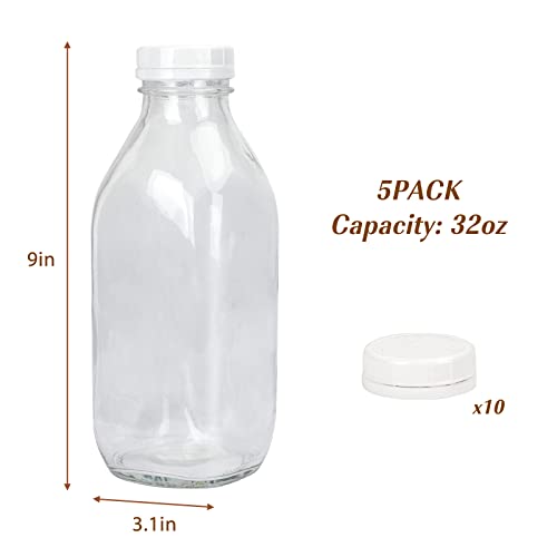 Moretoes 5pcs 32oz Glass Milk Bottles with Lids Glass Juice Bottles Reusable Clear Containers for Milk Juice Milkshake Honey Jam
