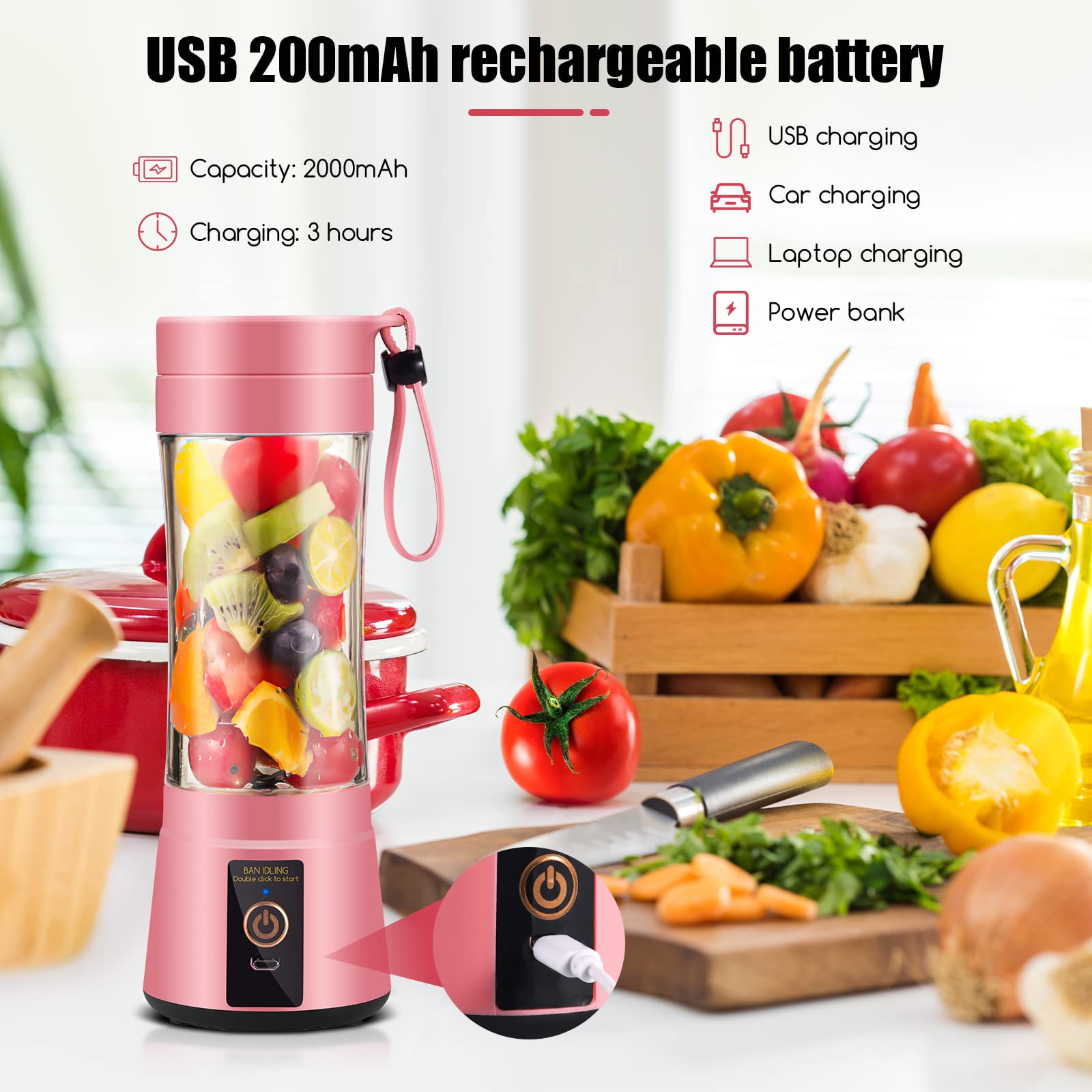 JLLOM Mini Blender Personal Portable Blender Cup for Smoothies Shakes, Portable Juicer USB Rechargeable for Travel, Small Electric Blender On The Go with Silicone Straw & Straw Cleaning Brush (Pink)