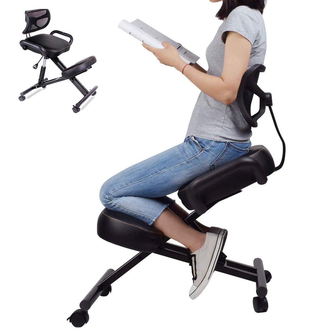Ergonomic Kneeling Chair with Back Support, Adjustable Stool for Home and Office - Improve Your Posture with an Angled Seat - Thick Comfortable Cushions (Black)