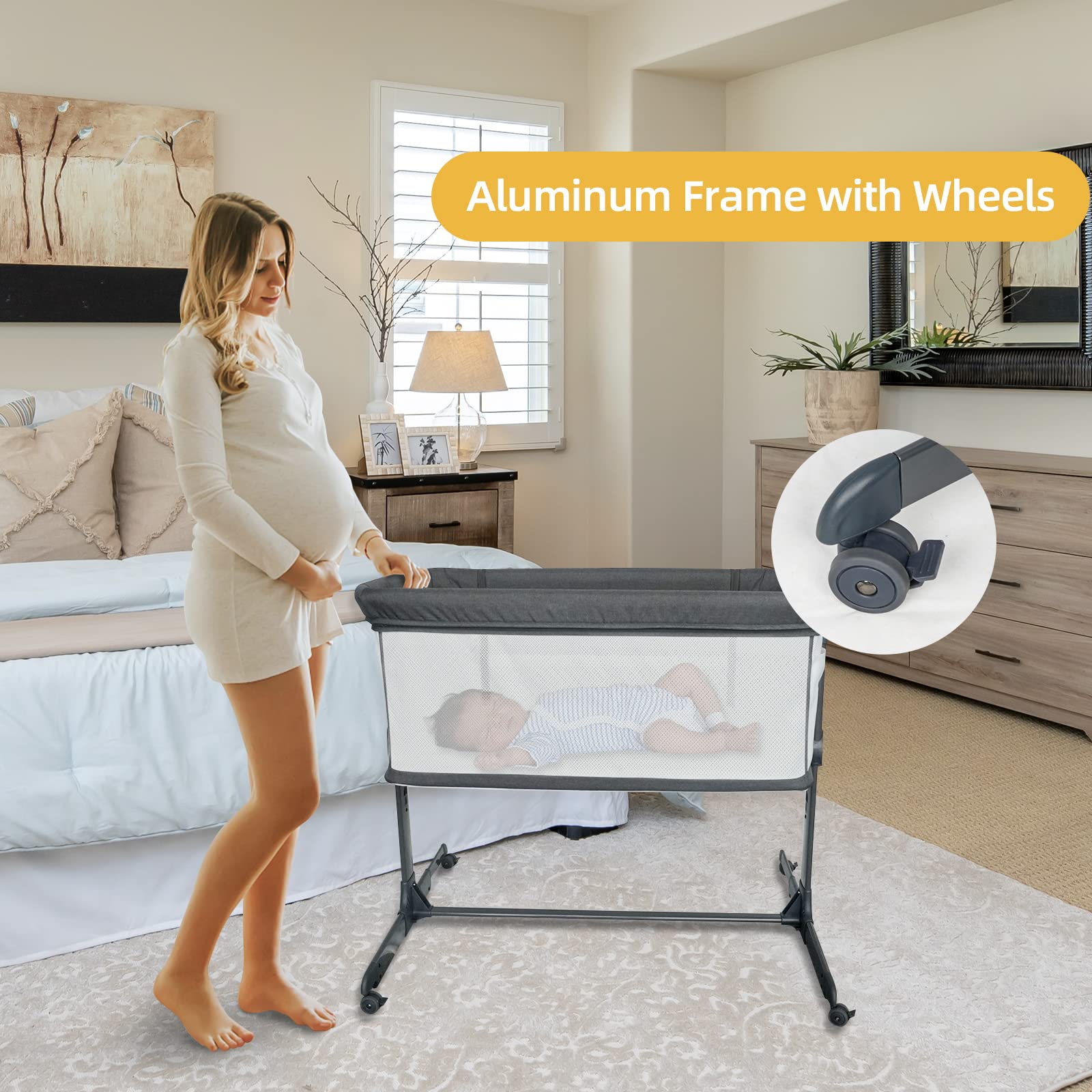 IKOMZY Baby Bassinets Bedside Sleeper, Bedside Bassinet for Baby, Adjustable Portable Bedside Crib for Newborn Babies, Airflow Mesh Walls (Charcoal)