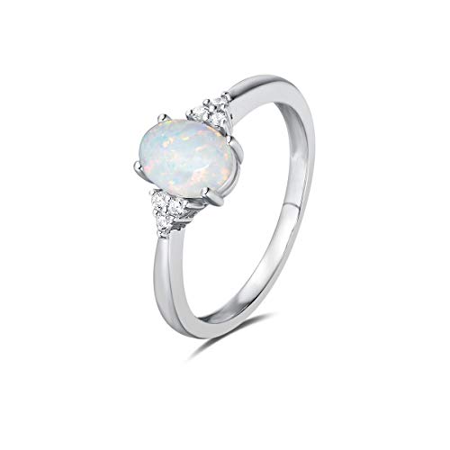 FANCIME Created Opal Rings for Women Sterling Silver 4-prong Halo White Opal Ring Cubic Zirconia Engagement Wedding Ring Fine Jewelry for Women Size 4