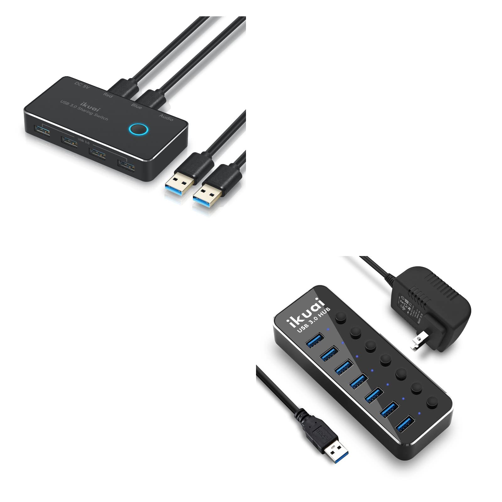 ikuai 7 Ports USB 3.0 Hub with 5V 3A Power Adapter + USB 3.0 Switch Selector 2 Computers Sharing 4 USB Devices and Audio Output KVM Switch