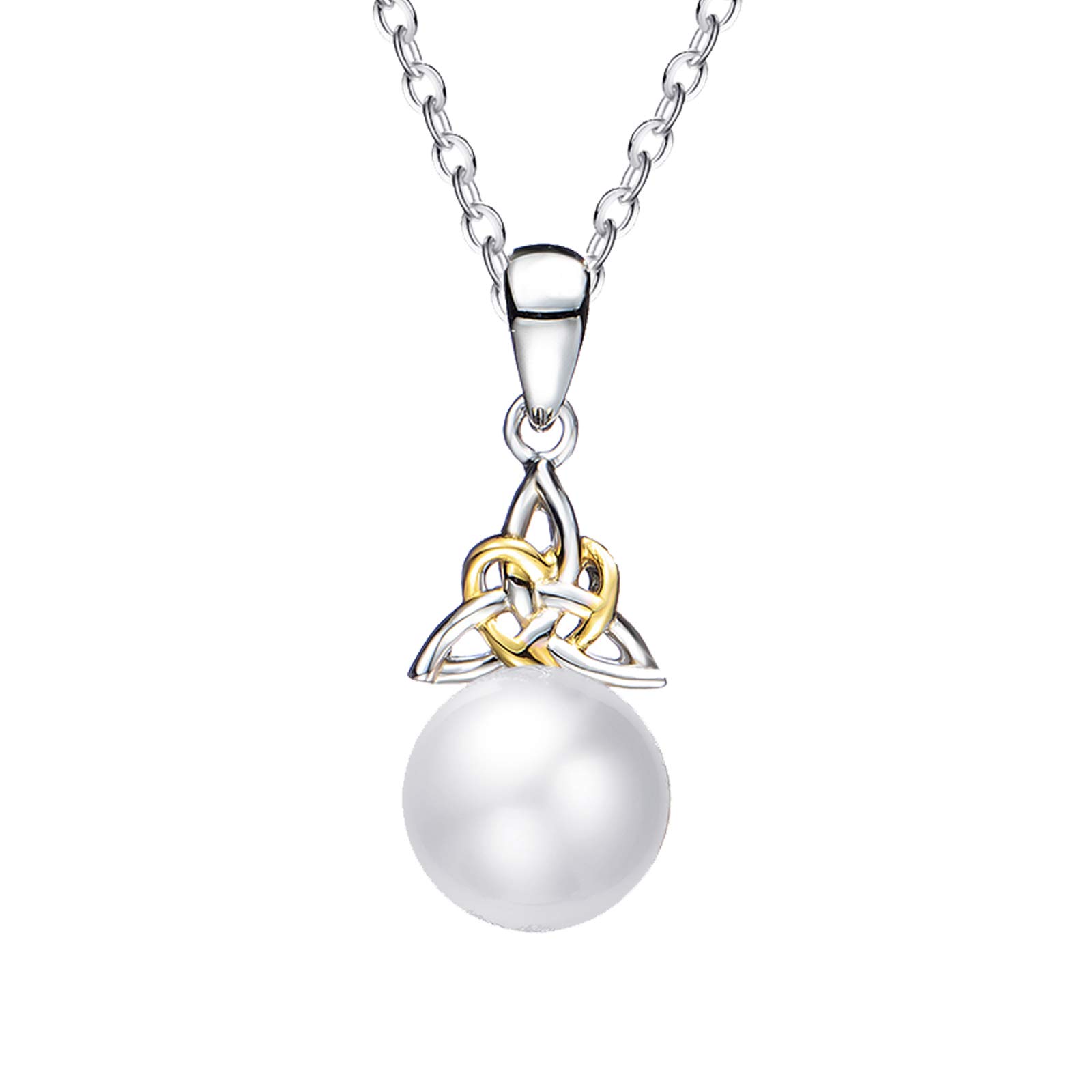 FANCIME June Birthstone Necklace Sterling Silver Celtic Knot Pearl Necklace 9-10mm Genuine White Freshwater Pearl Fine Jewelry for Women