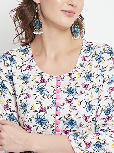 Tissu Women's Rayon White & Blue Floral Printed A-Line Kurta 2134_White_5XL