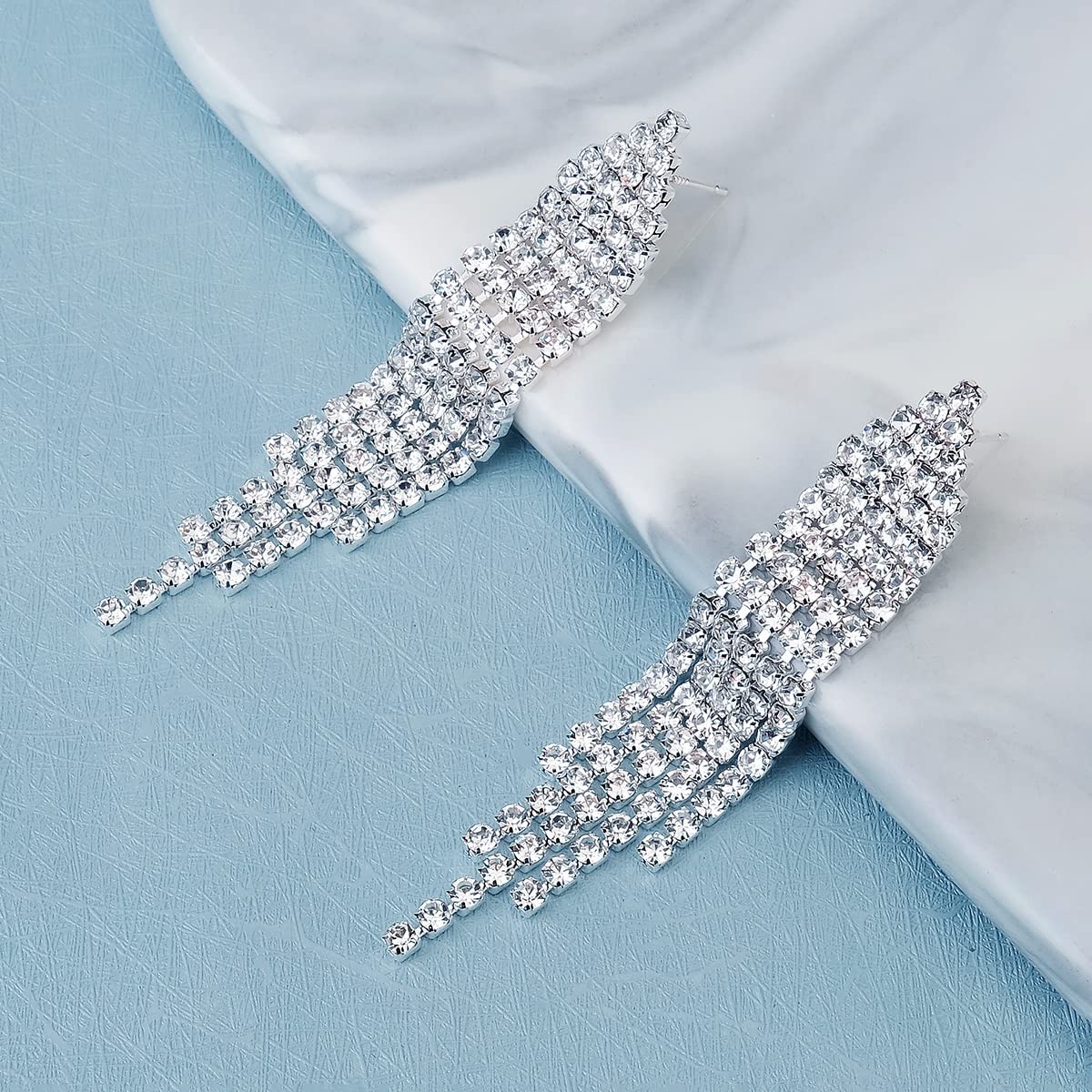 Mlouye Silver Tone Clear Rhinestone Chandelier Dangle Earrings for Women, Triangle Dangling Fringe Crystals Pierced Earring for Prom Party Jewelry