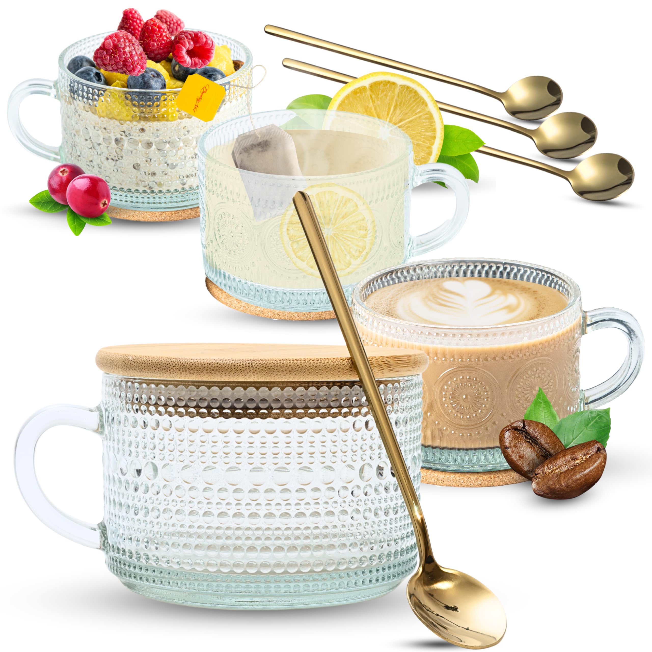 Scoozee Vintage Glass Coffee Mugs (4Pcs, 14oz), Overnight Oats Containers with Lids and Spoons, Clear Embossed Glass Cups | Coffee Bar Accessories, Gifts for Women, White Elephant Gifts