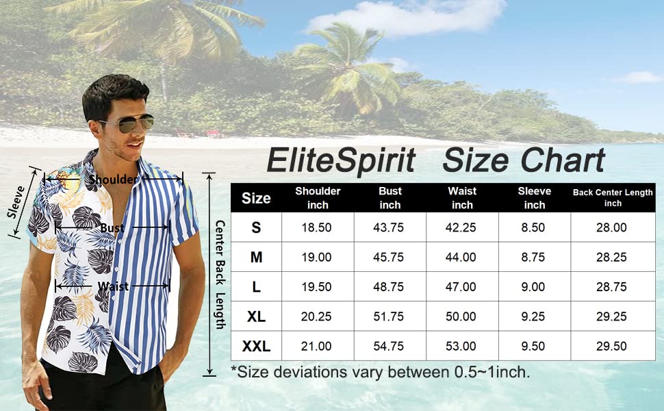 EliteSpirit Hawaiian Shirts for Mens Beach Shirts Casual Button Down Shirts Short Sleeve Striped Floral Print Blue Striped L