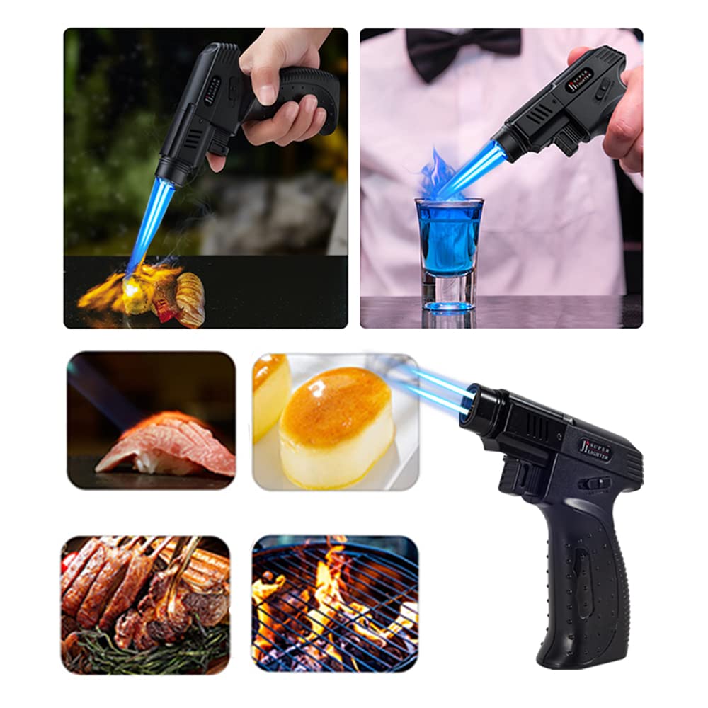 Jnfire Dual Flame Torch Lighter, Kitchen Torch Butane Refillable, Gun Hand Cooking Torch Lighter for Dab, Creme Brulee, BBQ and Desserts Baking, Soldering Blow Torch Lighters Excluded Butane