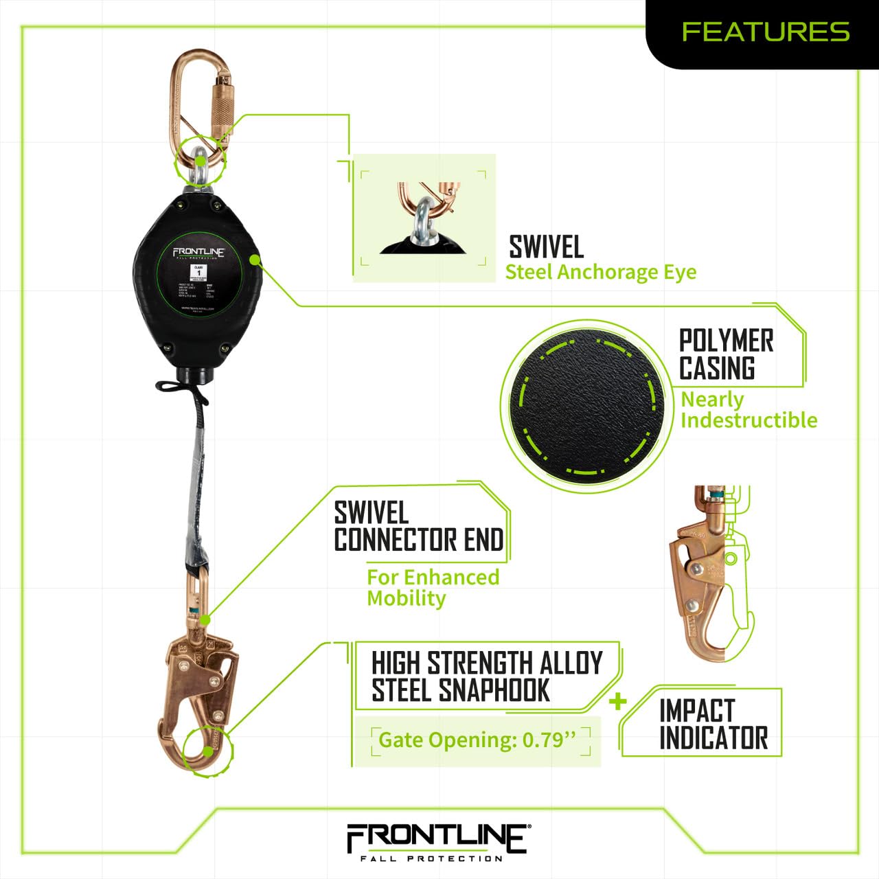 Frontline RPW11 Web Single Leg SRL with Steel Snap Hook End |OSHA & ANSI Compliant SRL | Durable, Lightweight & Compact | Tangle Free Webbing | Construction Safety Yoyo