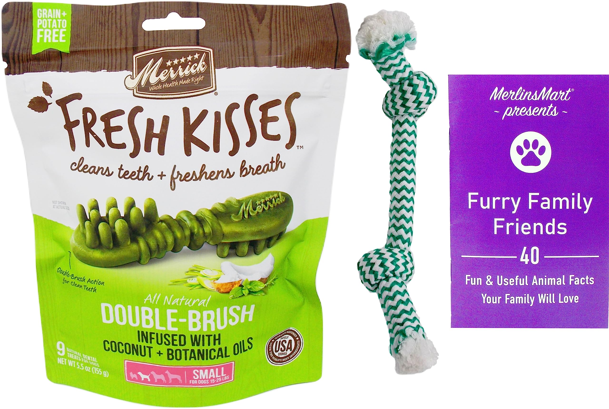 Merrick Fresh Kisses Oral Care Chews Dental Dog Treats with Coconut - Small Snacks for Pups 15-25 Lbs (9 Count) - Plus Rope Toy and Fun Animal Facts Booklet Bundle