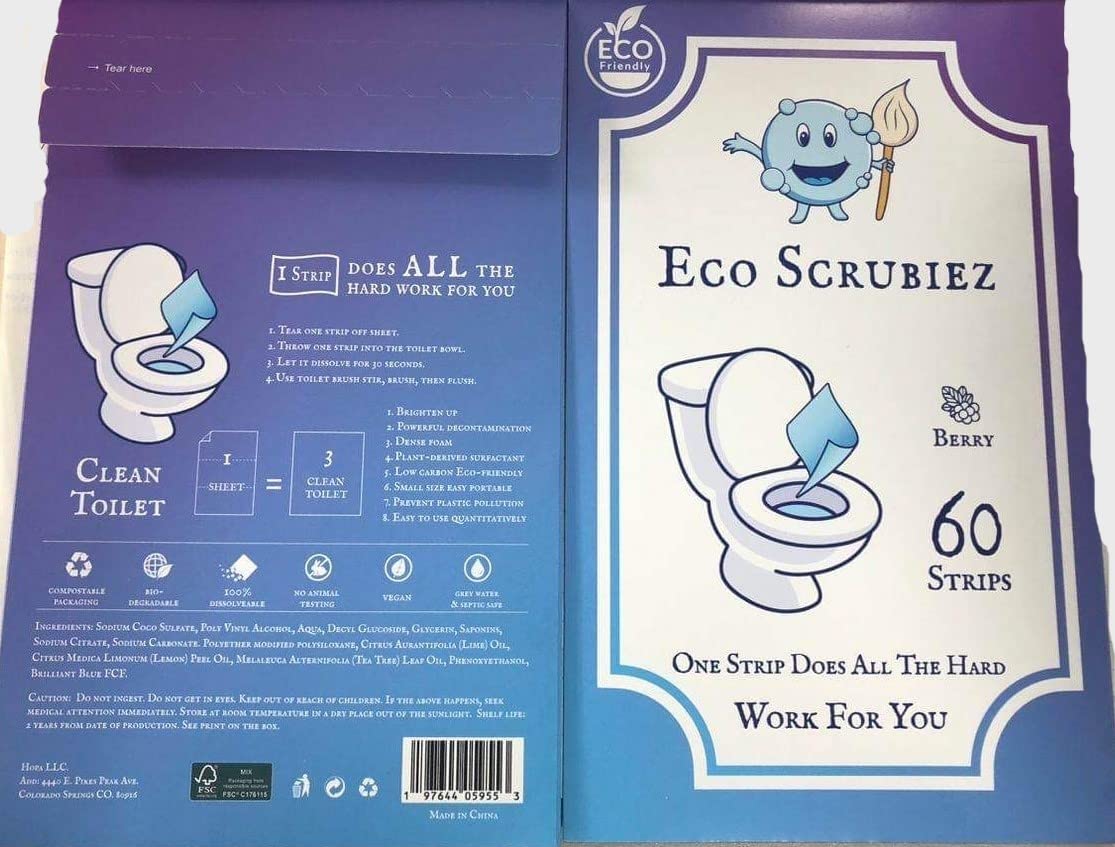 Eco Scrubiez Plant-Based Toilet Bowl Cleaning Strips 60 Count, Eco-Friendly, Biodegradable, Septic Safe with Recyclable Plastic Free Packaging Toilet Cleaner (Berry)