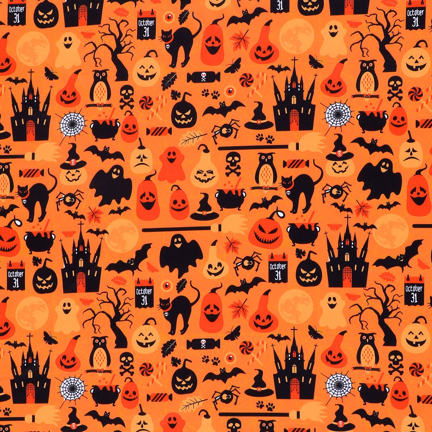 Halloween Fabric 1 Yard Ghost Pumpkin Cats Pattern Halloween Orange Printed Fabric for Sewing Quilting Apparel Crafts Home Decor Supplies (1 Piece)