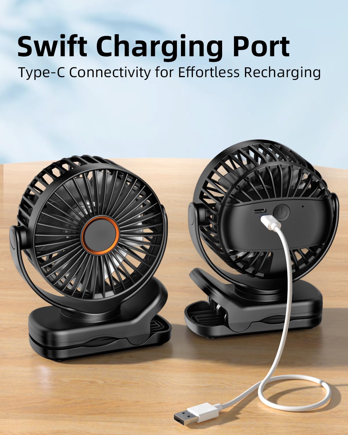 FrSara Portable Clip on Fan Battery Operated, 3 Speed Quiet Rechargeable Mini Table Fan, Quiet, high air volume, 360 degree free rotation, Mini Desk Fan, Stroller Fan