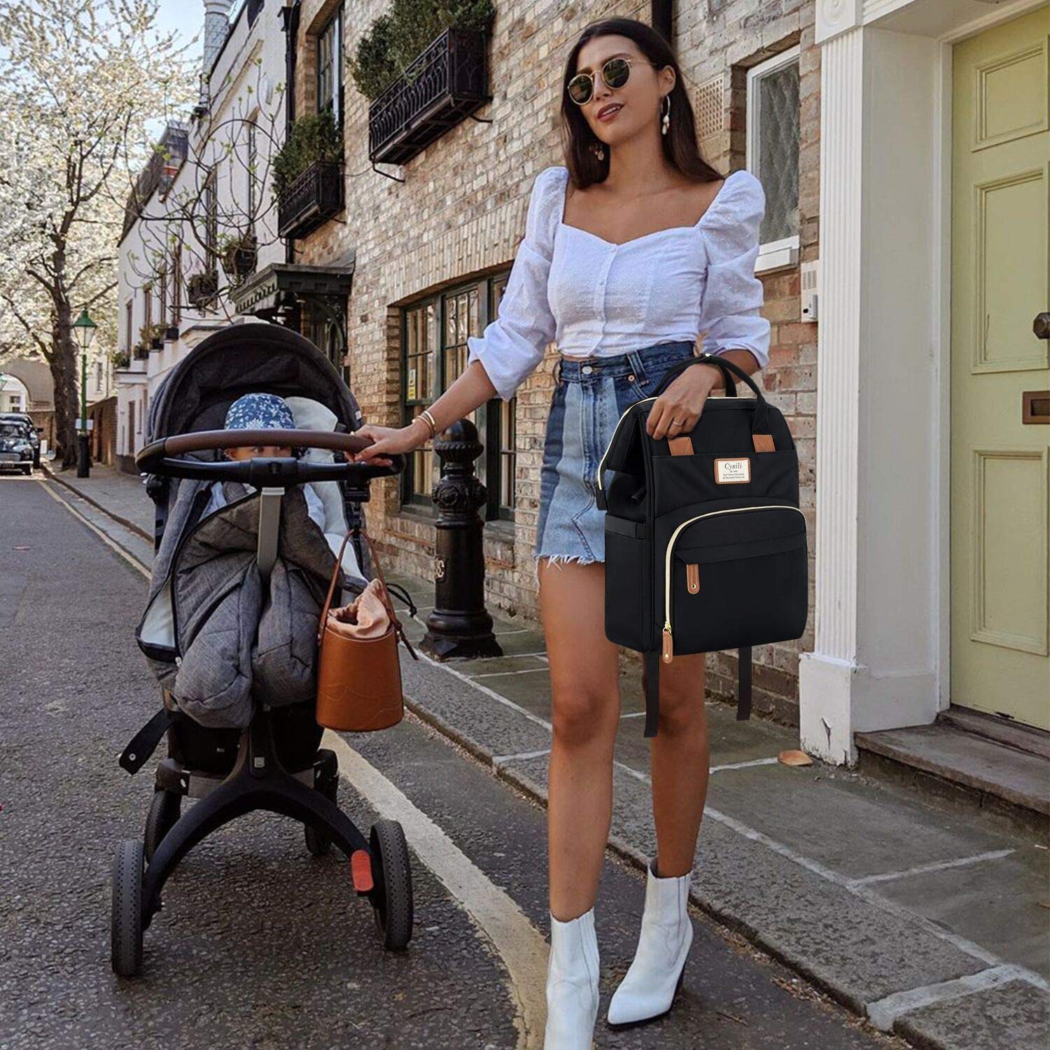 FANCYOUT Diaper Bag Backpack with USB Charging Port and Stroller Straps, Maternity Nappy Bag with Insulated Feeding Bottle Pocket (Black)