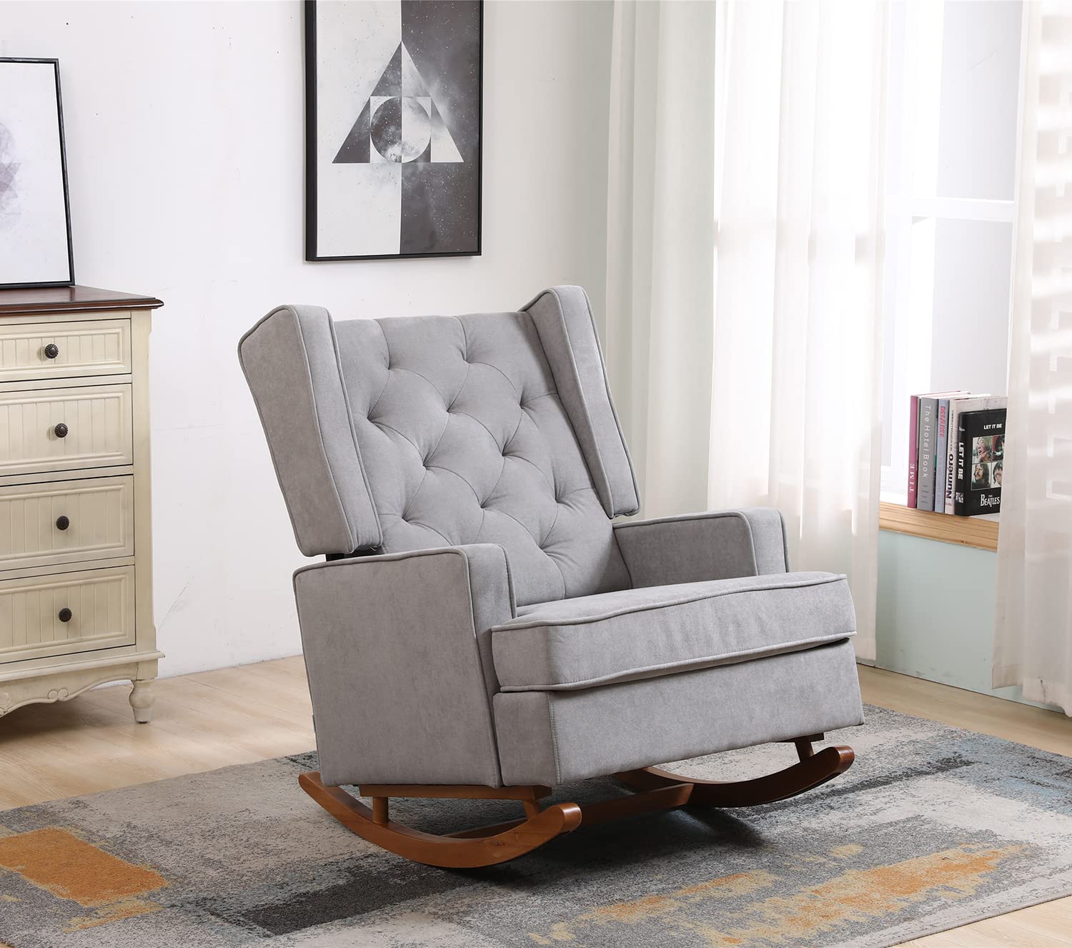 KINFFICT Convertible Accent Rocking Chair, Mid Century Glider Rocker for Baby Nursery, Modern Wingback Armchair for Living Room, Bedroom, Two Types of Leg, Light Gray