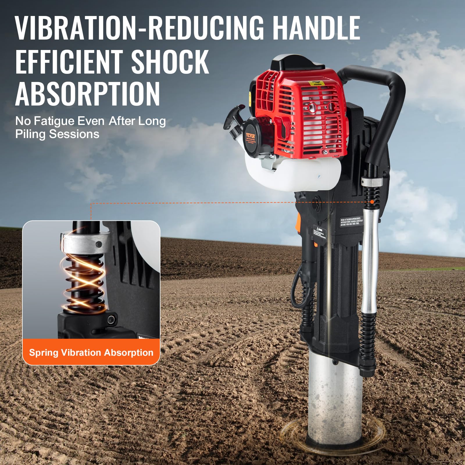 VEVOR 52cc Gas-Powered T Post Driver, 2-Stroke Engine Gasoline Fence Piling Pounder, 1300W Portable Piledriver with 3 Post Driving Head(49/69/100 mm), For Farm, Ranch Fencing, Road Improvements