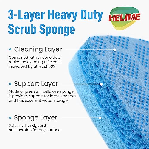 HELIME Scrub Dots Bathroom Sponge, Heavy Duty Non Scratch 3 Layer Cellulose Scrubbers, Reusable Bath Washing Scrubber, Magic Eraser Sponges Scour Scrub Pads for Clean Glass, Ceramic, Bathtub, Sink