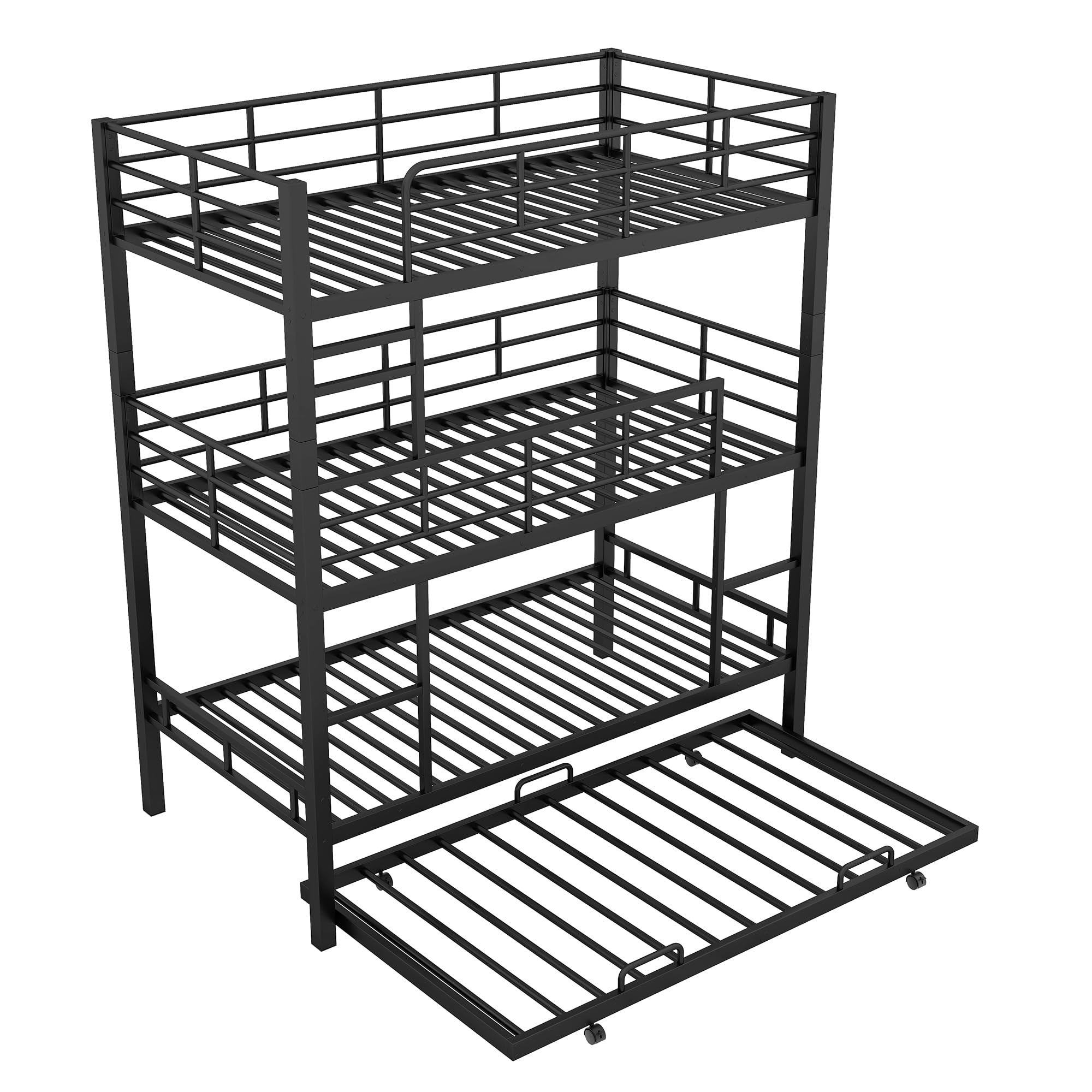 RuiSiSi Triple Twin Metal Bunk Bed with Trundle, 3 Twin Bunk Beds for Kids with Ladder, Can Be Divided Into 2 Beds, Heavy Duty Frame(Black)