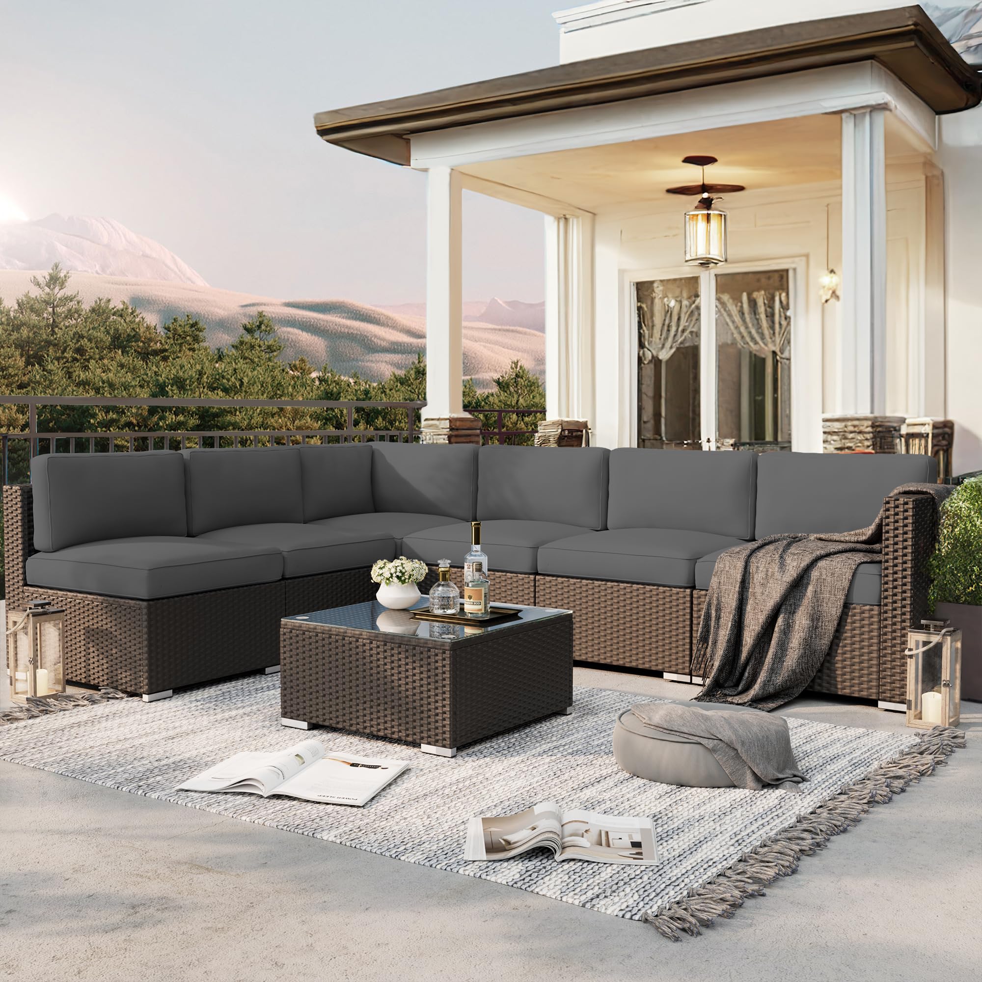 SUNCROWN 7-Piece Outdoor Patio Furniture Sofa Set All-Weather Wicker Sectional Conversation Set with Modern Glass Coffee Table and Cushions,Dark Grey