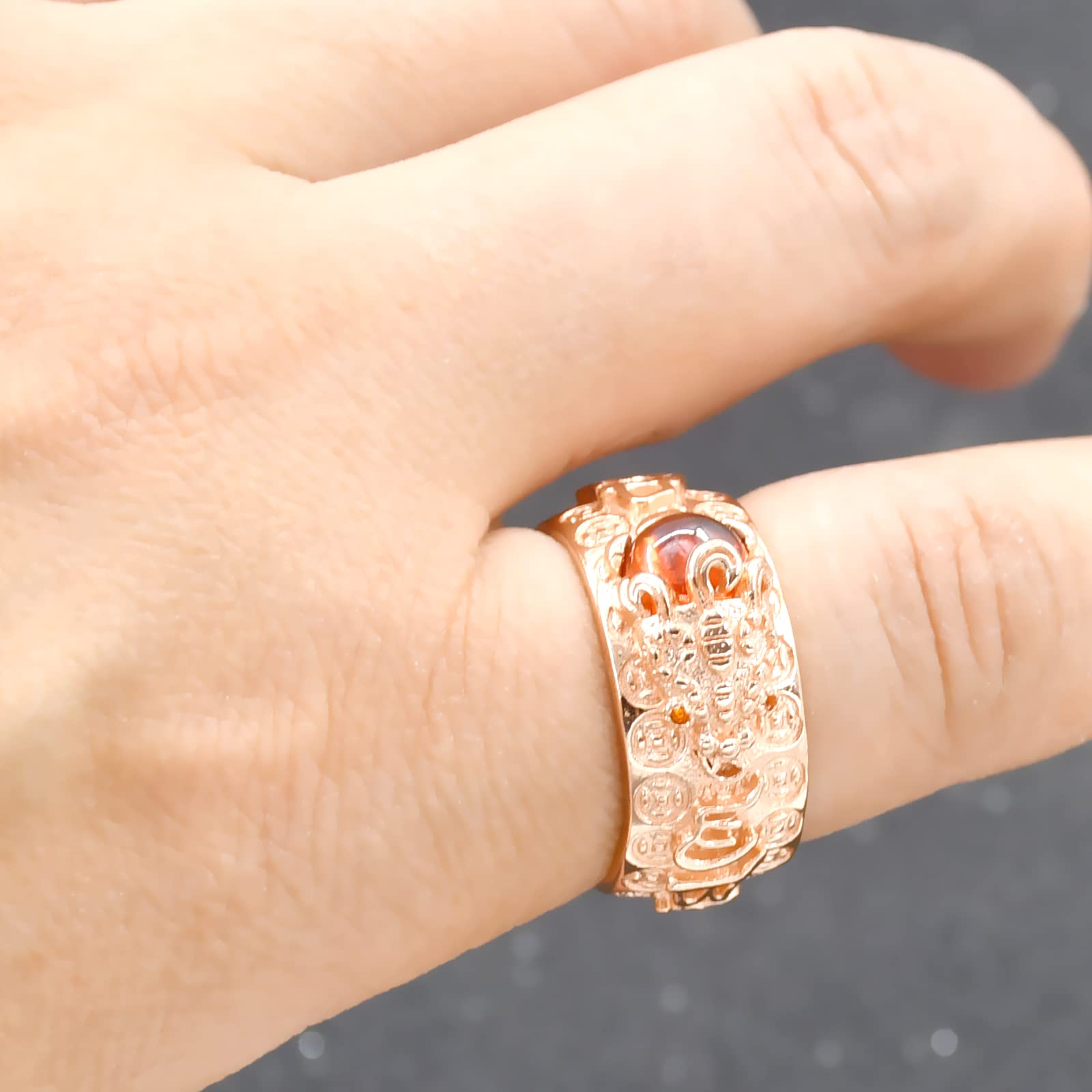HJ HUAJ Mantra Ring Feng Shui PiXiu MANI Mantra Protection Wealth Ring Adjustable Ring, RoseGold