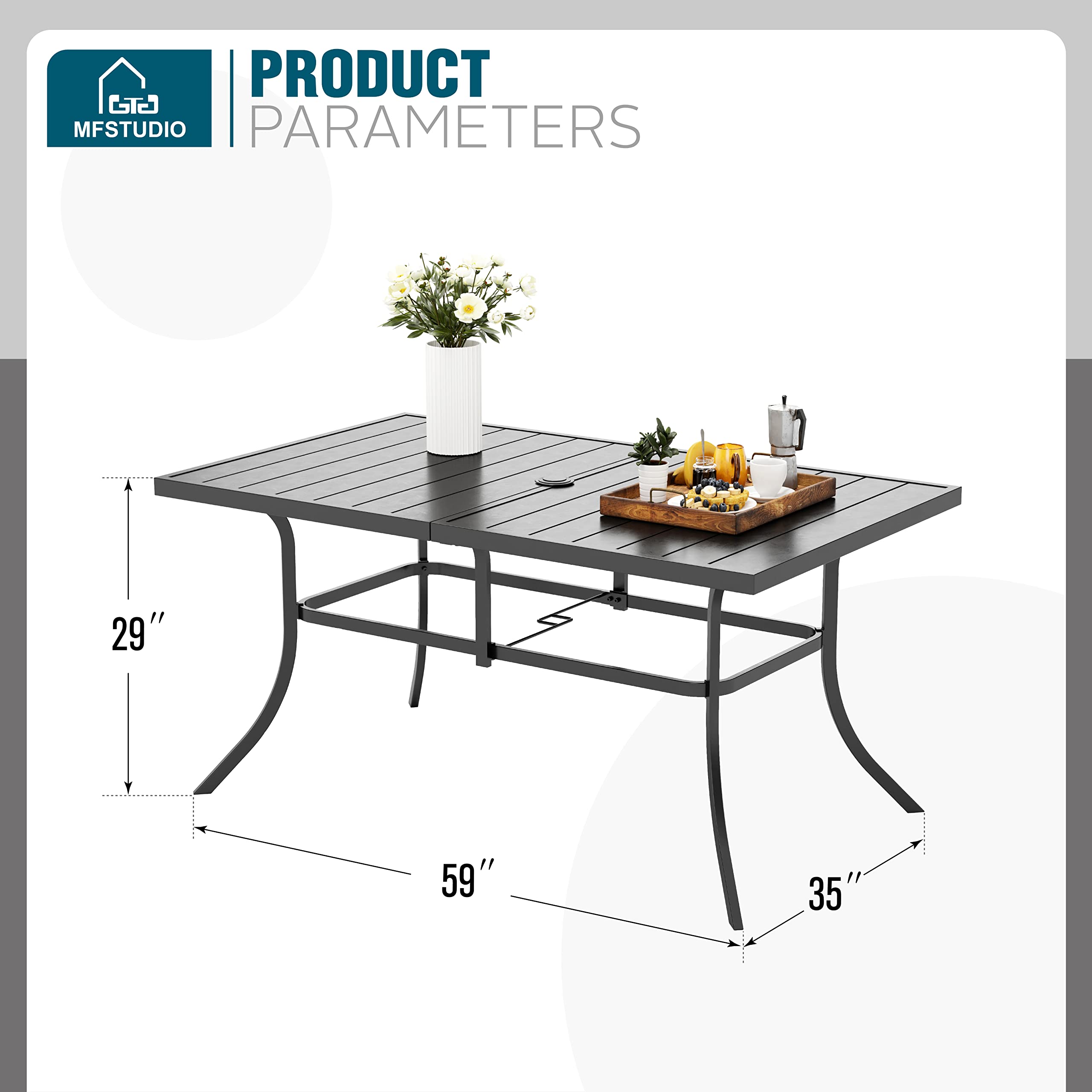 MFSTUDIOO 6-Person Outdoor Metal Steel Slat Dining Rectangle Table with Adjustable Umbrella Hole, Black