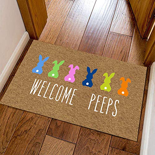 MfunDoor Doormat Funny Front Door Mat- Welcome Peeps Bunny Doormat Spring Doormat Easter Rabbits Door Mat Rubber Non Slip Backing Funny Doormat for Outdoor/Indoor Uses 23.6 inch(W) X 15.7 inch(L)