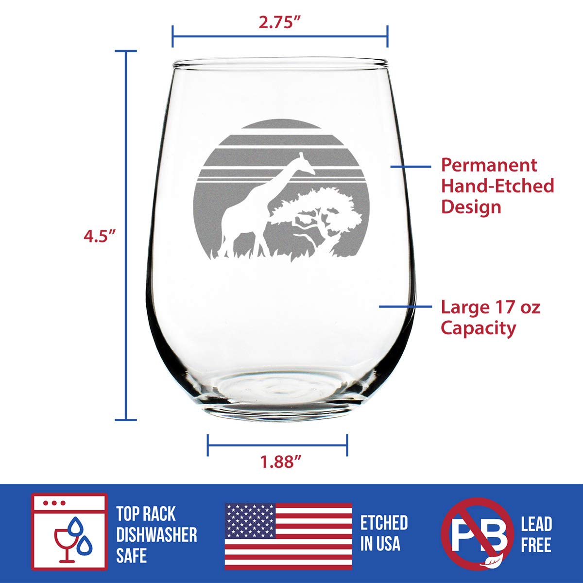 Giraffe Sunset Stemless Wine Glass - Fun Safari Themed Decor and Gifts for Lovers of African Wild Animals - Large 17 Oz Glasses