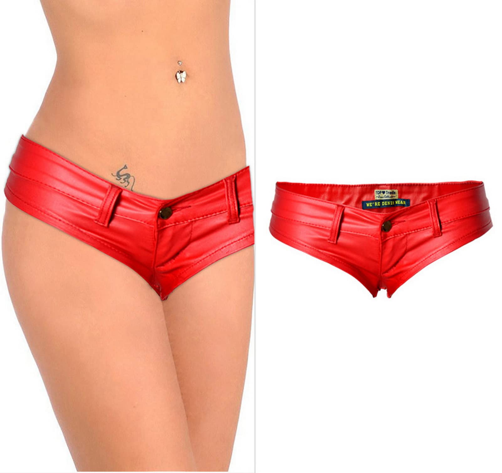 Faringoto Red Girls Low Rise Stretch PU Coated Faux Leather Button Zip Hot Pants