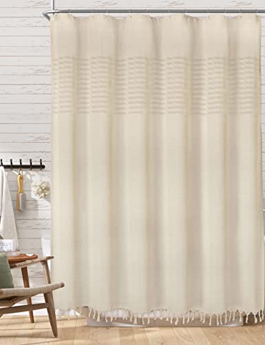 SUMGAR Cotton Shower Curtain Boho Farmhouse Shower Curtains for Bathroom with Tassels & Jacquard Striped Window, Beige Fabric Fringe Shower Curtain Set with Hooks, 72" x 72"