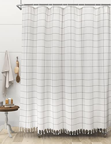 SUMGAR Cotton Shower Curtain Boho Farmhouse Shower Curtains for Bathroom with Tassels & Hooks, White Fabric Grey Checkered Bohemian Fringe Shower Curtain Set, 72" x 72"
