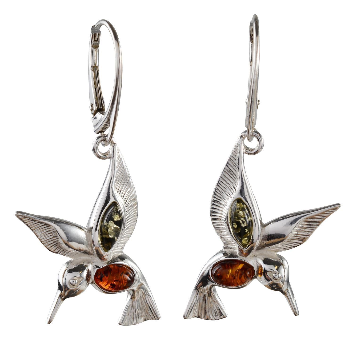 GIA Certified Sterling Silver and Baltic Amber French Leverback Earrings Hummingbirds