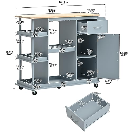 TOCLIU Bar Cart, Serving Cart Microwave Cart, Drink Cart, Mobile Kitchen Shelf with Wine Rack and Glass Holder, Rolling Beverage Cart for Home (Blue)