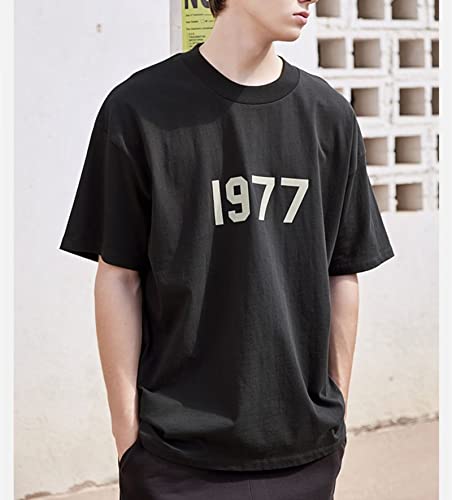 Summer Casual T-Shirt for Men Women 1977 Letter Print Shirt Classic Couples Short Sleeved Sweatshirts Pullover Tee Top (Black,Medium,Medium)