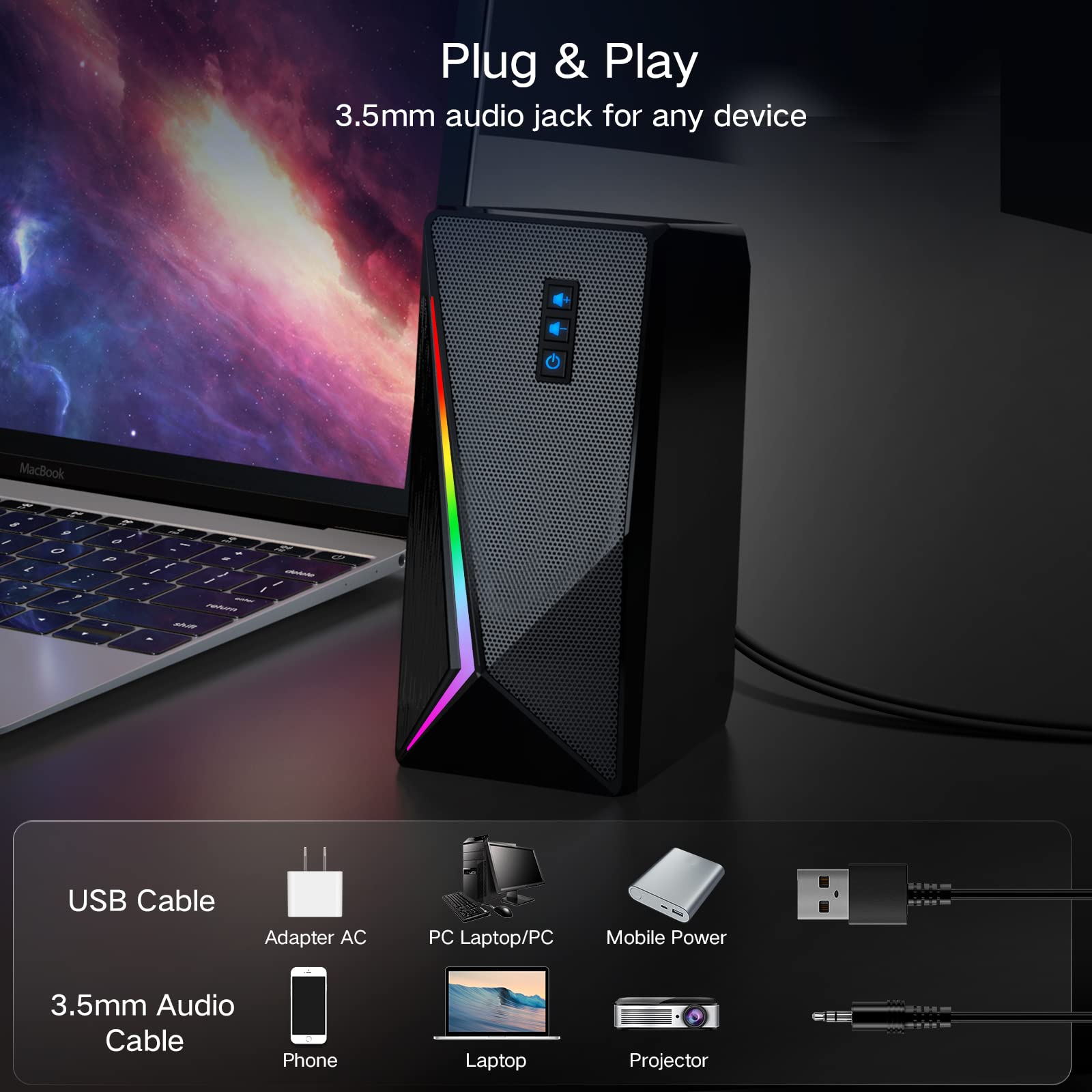 LLEVTIC Computer Speakers, 2.0 Channels Enhanced Stereo RGB PC Speakers with 6 Colorful Mode, USB Powered Desktop Speakers for PC/Laptop/Monitor, 3.5mm AUX Gaming Speakers