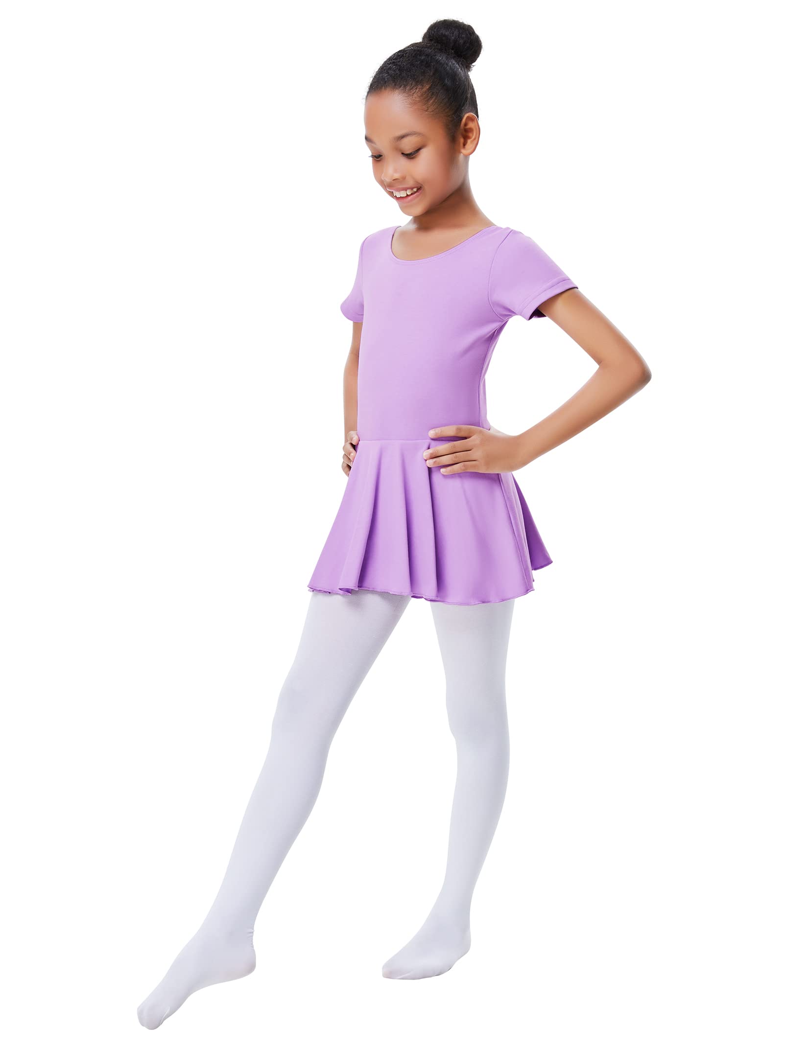 Huanye Girls Short Sleeve Ballet Leotards with Bow Back Ballet Dance Dress Tutu Ruffle Skirted Purple