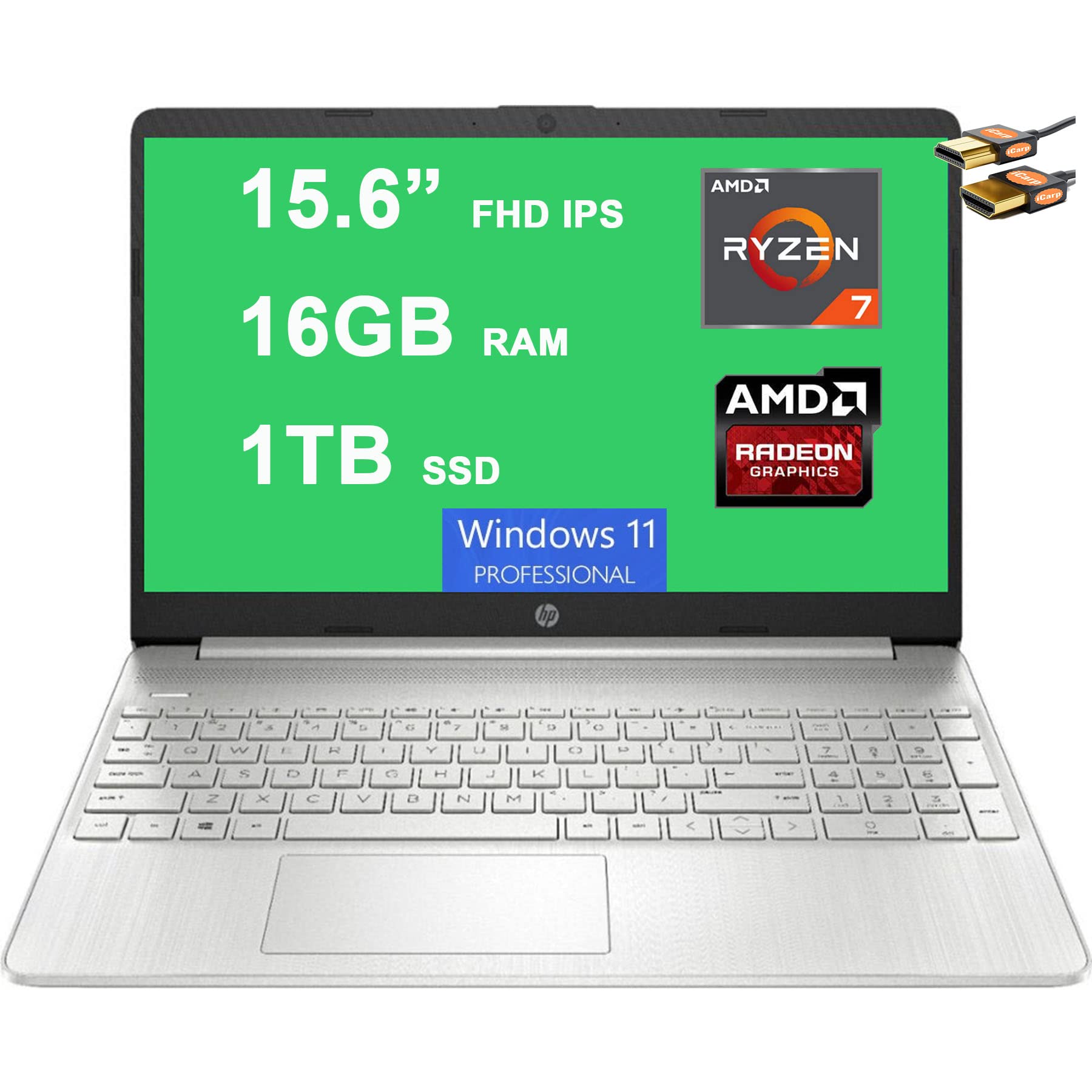 HP 15 Business Laptop Computer 15.6” Diagonal FHD IPS Touchscreen AMD Octa-Core Ryzen 7 4700U Processor (Beats i7-10710U) 8GB RAM 512GB SSD AMD Radeon Graphics USB-C Win11Pro Silver + HDMI Cable