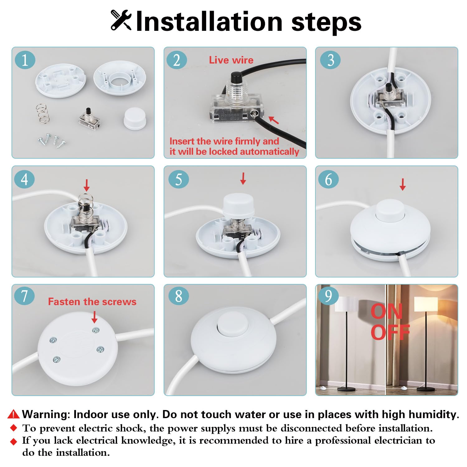 Helunsi 3Pcs Floor Lamp Foot Switch, White Foot Pedal Switch, Round Floor Lamps Foot Inline Switch, Step ON Off Spring Push Button, for Control Replacement Floor Lamp Extension Cord Parts - Pack of 3