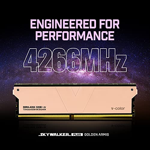 V-Color Skywalker Plus DDR4 64GB (32GBx2) 4266MHz (PC4-34100) CL19 Gaming Desktop Ram Memory Hynix IC Dual Rank 1.5V - Golden (TO432G42D819CSGAKK)