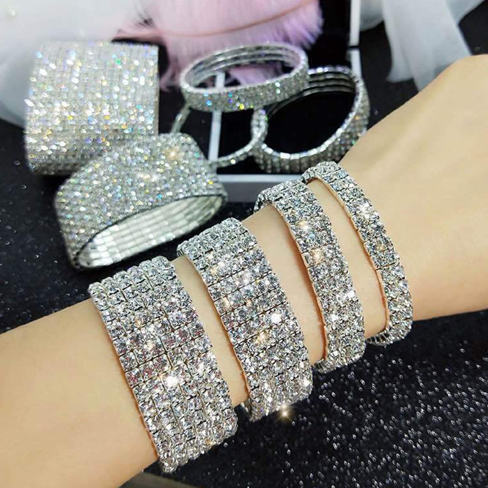 HLIN Rhinestone Bracelet for Women 2Pcs Strand Stretch Silver-tone AB Sparkling Bridal Tennis Bangle