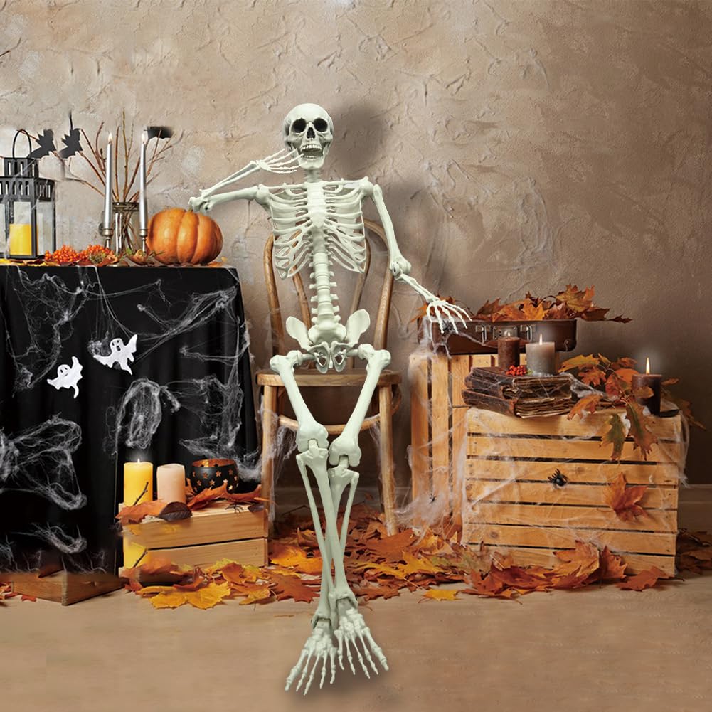 Halloween Skeleton, Full Size Skeleton Skull Decor with Movable Posable Joints for Halloween Front Yard Patio Lawn Garden Props Spooky Party Decoration