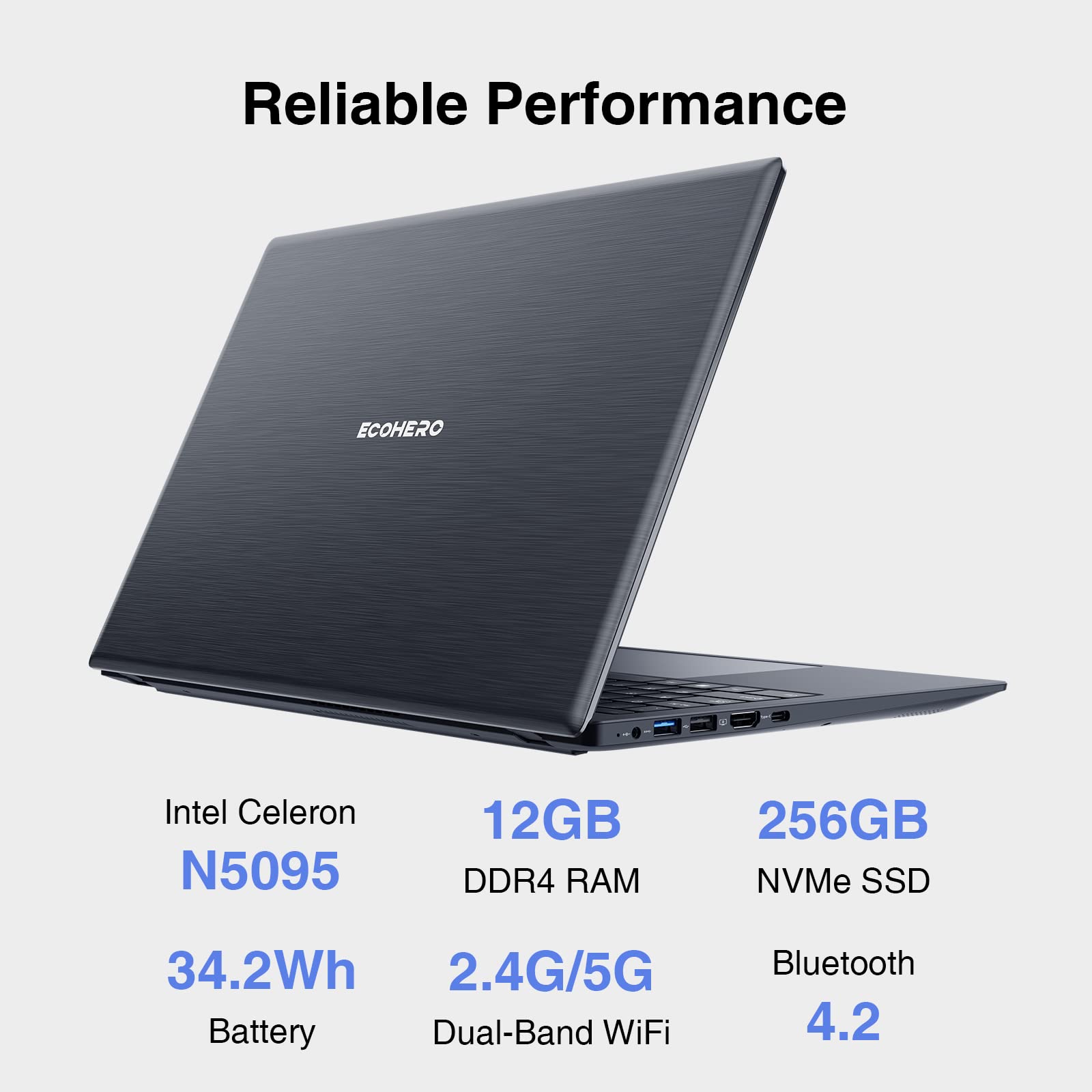 ECOHERO New Laptop, 15.6" 1920x1080 FHD IPS Display, 12GB DDR4 RAM/256GB NVMe SSD, N5095 Quad Co-re, Win-11 laptops Computers, Dual Band WiFi, Bluetooth, Support Type c PD3.0 Fast Charging