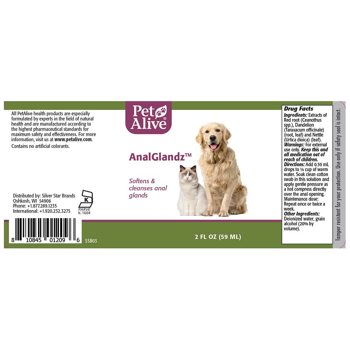 PetAlive AnalGlandz - Natural Herbal Cleansing Solution for The Anal Glands of Dogs and Cats - 59 mL