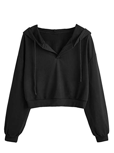 Verdusa Women's Long Sleeve Drop Shoulder Drawstring Crop Hoodie Sweatshirt Black XL