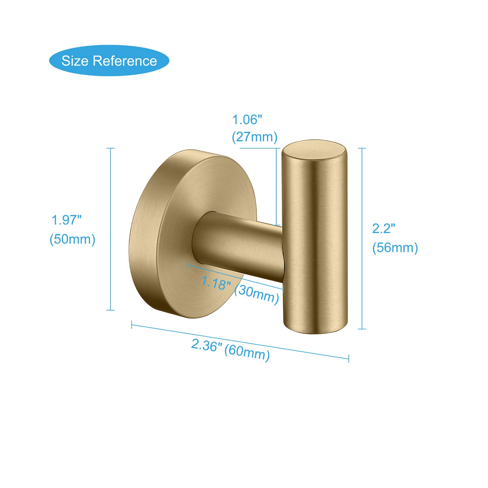 TASTOS Brushed Gold Bathroom Towel Coat Hook Stainless Steel, 2 Pack Robe Clothes Cabinet Closet Sponges Hooks Holder Round Style Heavy Duty Wall Hook for Bathroom Kitchen Hotel Wall Mounted