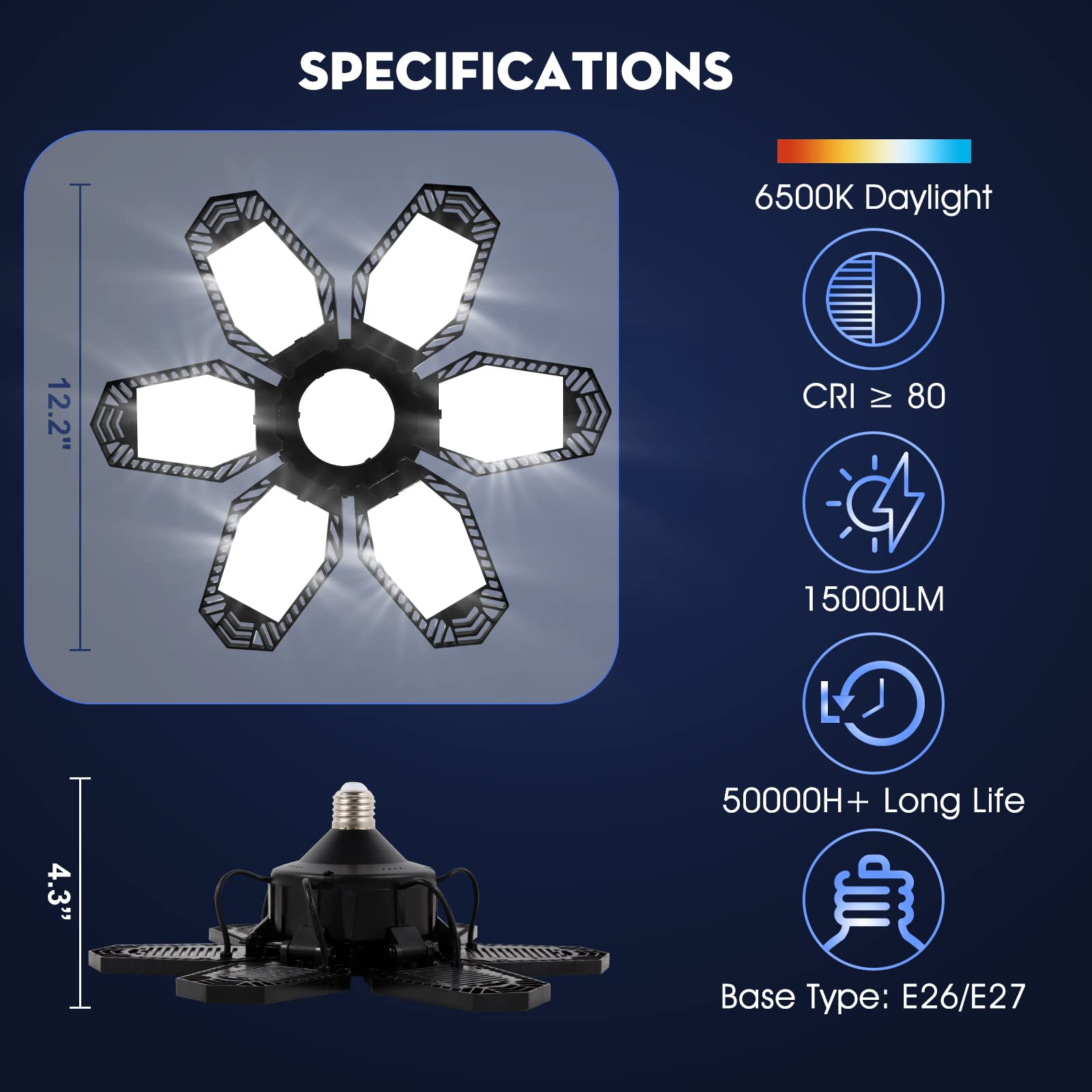 OUSHASAA 150W Garage Lights Ceiling LED, 15000LM 6500K Bright LED Shop Lights, Deformable E26/27 Screw in Garage Lights with 6+1 Adjustable Panels for Workshop, Basement, Barn, Warehouse