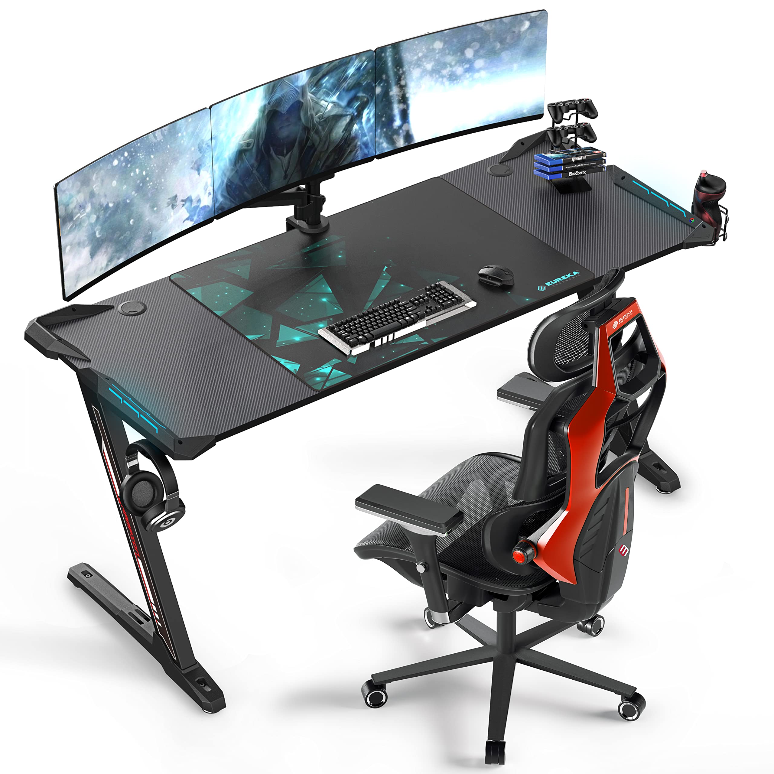 EUREKA ERGONOMIC Z Shaped Gaming Desk with Typhon Gaming Chair Red 60 Inch Gaming Desk,Large Home Office Desk for Computer Home Office